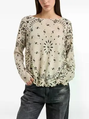 KUJTEN Bandana-print Distressed-finish Sweater - Neutrals