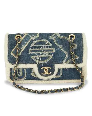 FWRD RENEW Chanel Denim &amp; Shearling Paris-egypt Hieroglyph Flap Bag