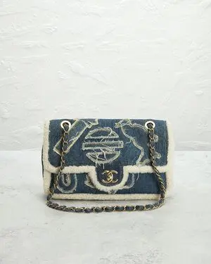 FWRD RENEW Chanel Denim &amp; Shearling Paris-egypt Hieroglyph Flap Bag