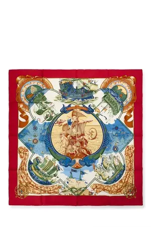 Hermès Multicolor 'au Delà Des Cinq Mers' Silk Scarf 90 - Red