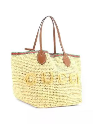 Gucci Logo Open Woven Raffia Medium Tote Bag - Neutrals