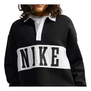Nike (wmns) Nike Studio Fleece Medium Weight Oversized Rugby Sweatshirt 'total Black Sail' Total Black/sail