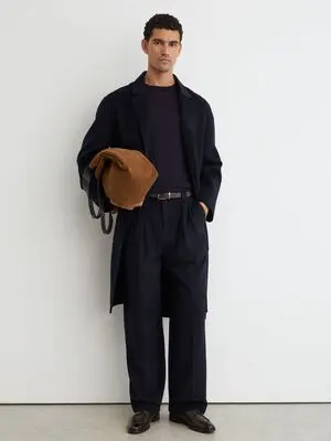REISS Farrel Wool-blend Flannel Relaxed-fit Pleated Trousers - Navy