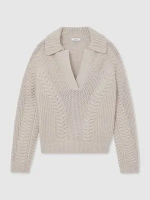 REISS Auriele Wool Cable-knit Open-collar Jumper