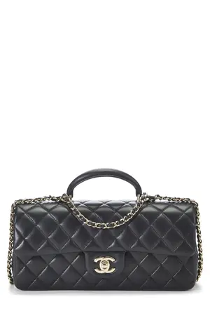 CHANEL Black Lambskin Top Handle Flap Bag Long