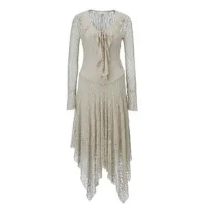 BELSIZE25 Neutrals / Sage Dress – Stretch Lace Asymmetric Hem Midi Dress