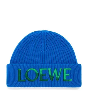 Loewe Wool Ribbed Logo Beanie - Blue