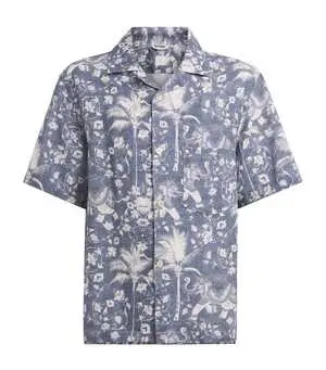 Eleventy Linen Printed Bowling Shirt - Navy