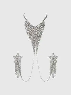 Frederick's Of Hollywood Ziggy Rhinestone Neck Halter And Pasties - Silver