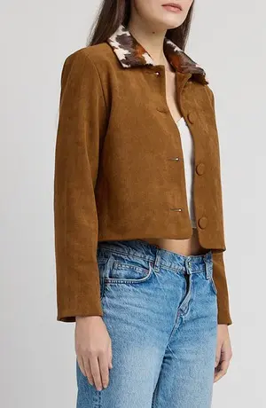 EN SAISON Yumi Faux Suede Jacket With Faux Fur Collar