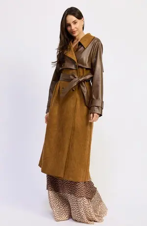 EN SAISON Yumi Faux Leather Trim Trench Coat