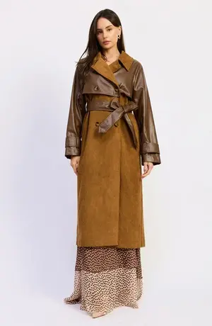 EN SAISON Yumi Faux Leather Trim Trench Coat