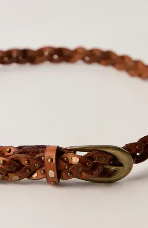 Free People Sol Slim Studded Leather Belt - Cognac