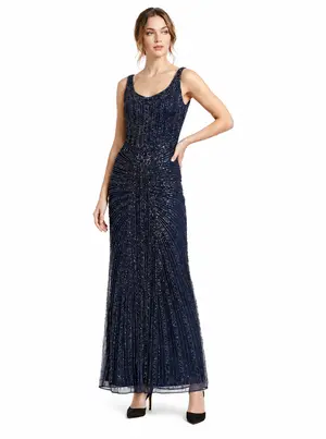 LARA NEW YORK Beaded V-neck Gown - Navy