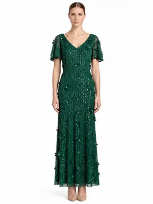 LARA NEW YORK 3d Floral Embellished Gown With Cape Sleeves - Emerald