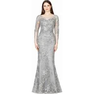 LARA NEW YORK High Neck Long Sleeve Fitted Lace Gown