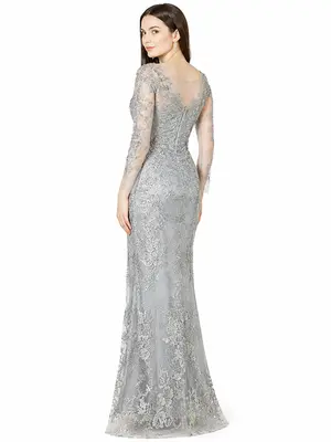 LARA NEW YORK High Neck Long Sleeve Fitted Lace Gown