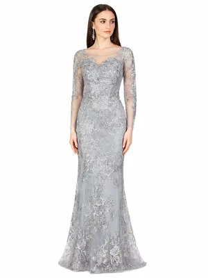 LARA NEW YORK High Neck Long Sleeve Fitted Lace Gown