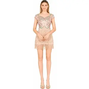 LARA NEW YORK Beaded Faux-wrap V-neck Bridal Gown - Blush/multi