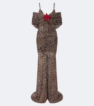 Blumarine Floral-appliqué Leopard-print Jersey Maxi Dress