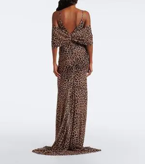 Blumarine Floral-appliqué Leopard-print Jersey Maxi Dress