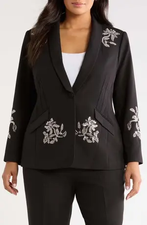 TAHARI ASL Crystal Embellished Tuxedo Collar Blazer - Black
