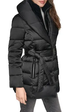 Andrew Marc Zamora Shawl Collar Belted Puffer Coat - Black
