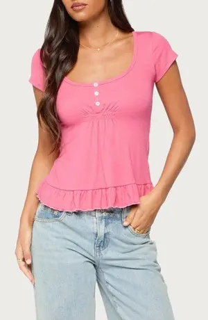 EDIKTED Liliannah Ruffle Babydoll Top - Fuchsia