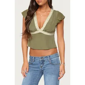 EDIKTED Kaela Lace Trim Flutter Sleeve Top - Olive