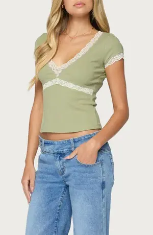 EDIKTED Juli Lacey Ribbed V-neck Top