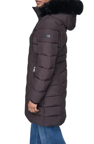 Dkny Hooded Puffer Coat With Faux Fur Trim - Bitter