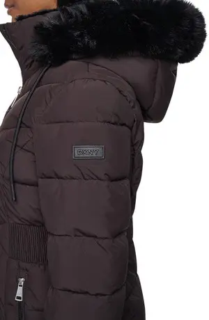 Dkny Hooded Puffer Coat With Faux Fur Trim - Bitter