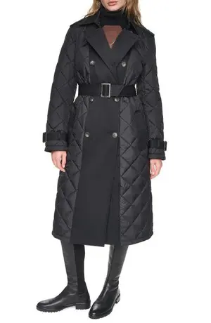 Dkny Quilted Double Breasted Trench Coat - Black