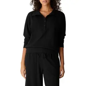 Eileen Fisher High Collar Henley Top - Black