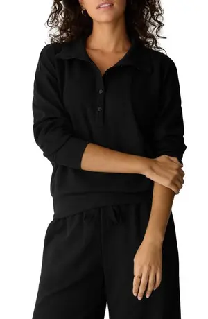 Eileen Fisher High Collar Henley Top - Black