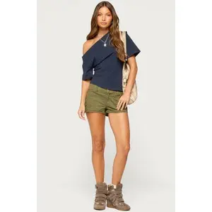EDIKTED Mariee Asymmetric Off The Shoulder T-shirt - Navy