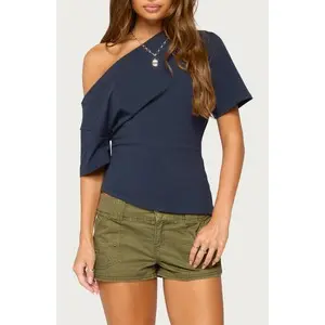 EDIKTED Mariee Asymmetric Off The Shoulder T-shirt - Navy
