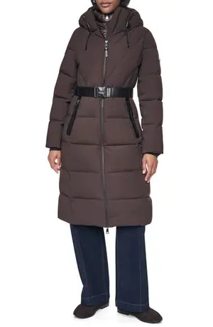 Dkny Water Resistant Belted Long Puffer Coat With Bib - Bitter