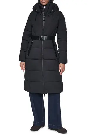 Dkny Water Resistant Belted Long Puffer Coat With Bib Black