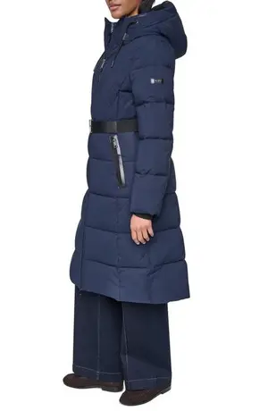 Dkny Water Resistant Belted Long Puffer Coat With Bib - Dark Navy