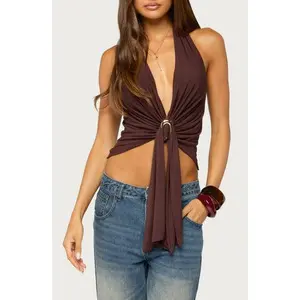 EDIKTED Dixi Buckle Draped Plunge Neck Halter Top - Brown