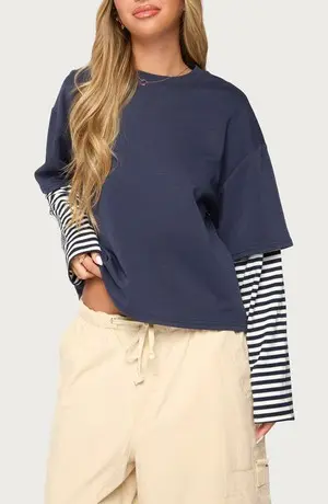 EDIKTED Nacie Layered Striped Long Sleeve T-shirt - Navy