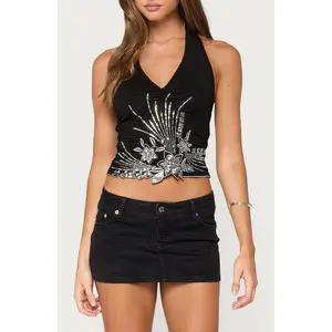 EDIKTED Aelixa Sequined Floral Halter Top - Black