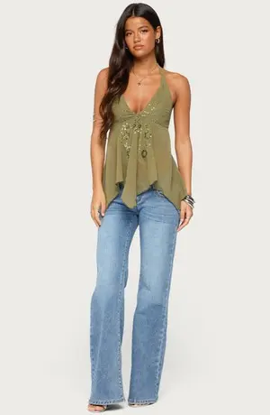 EDIKTED Bodie Sequin Chiffon Handkerchief Top
