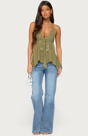 EDIKTED Bodie Sequin Chiffon Handkerchief Top