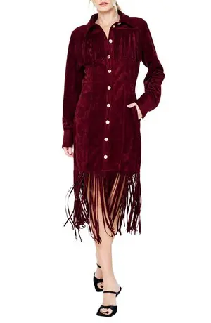 CIEBON Jimena Fringe Long Sleeve Faux Suede Midi Dress - Wine