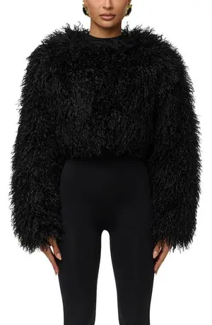 Naked Wardrobe Faux Fur Plush Cropped Jacket - Black