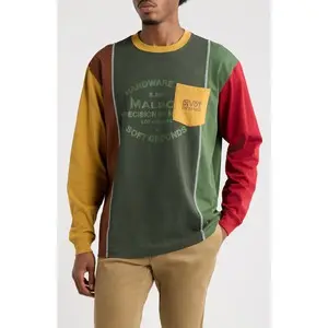 MALBON Gridline Colorblock Long Sleeve Pocket Graphic T-shirt - Olive