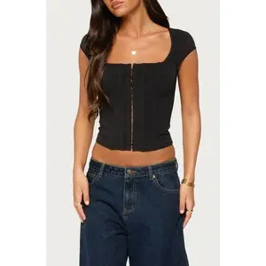 EDIKTED Airlie Hook & Eye Mesh Corset Top - Black
