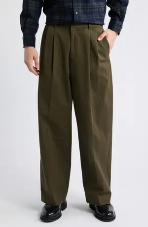 DUNST Double Pleated Wide Leg Chino Pants - Khaki